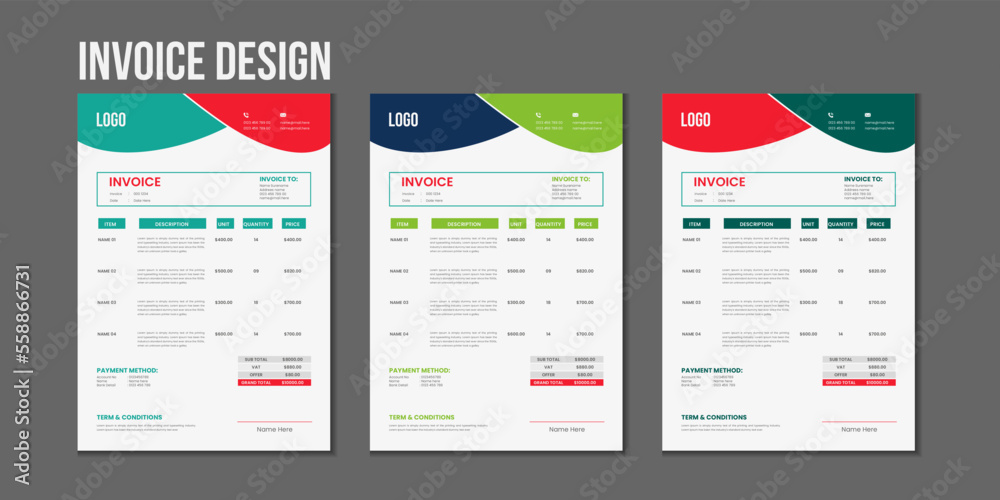 Minimal corporate Business multiple color variation a4 size invoice ...