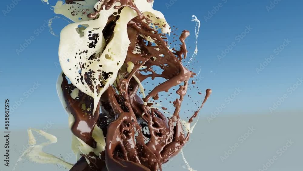 Chocolate and ice cream rotating on sky blue background. Mixing ...
