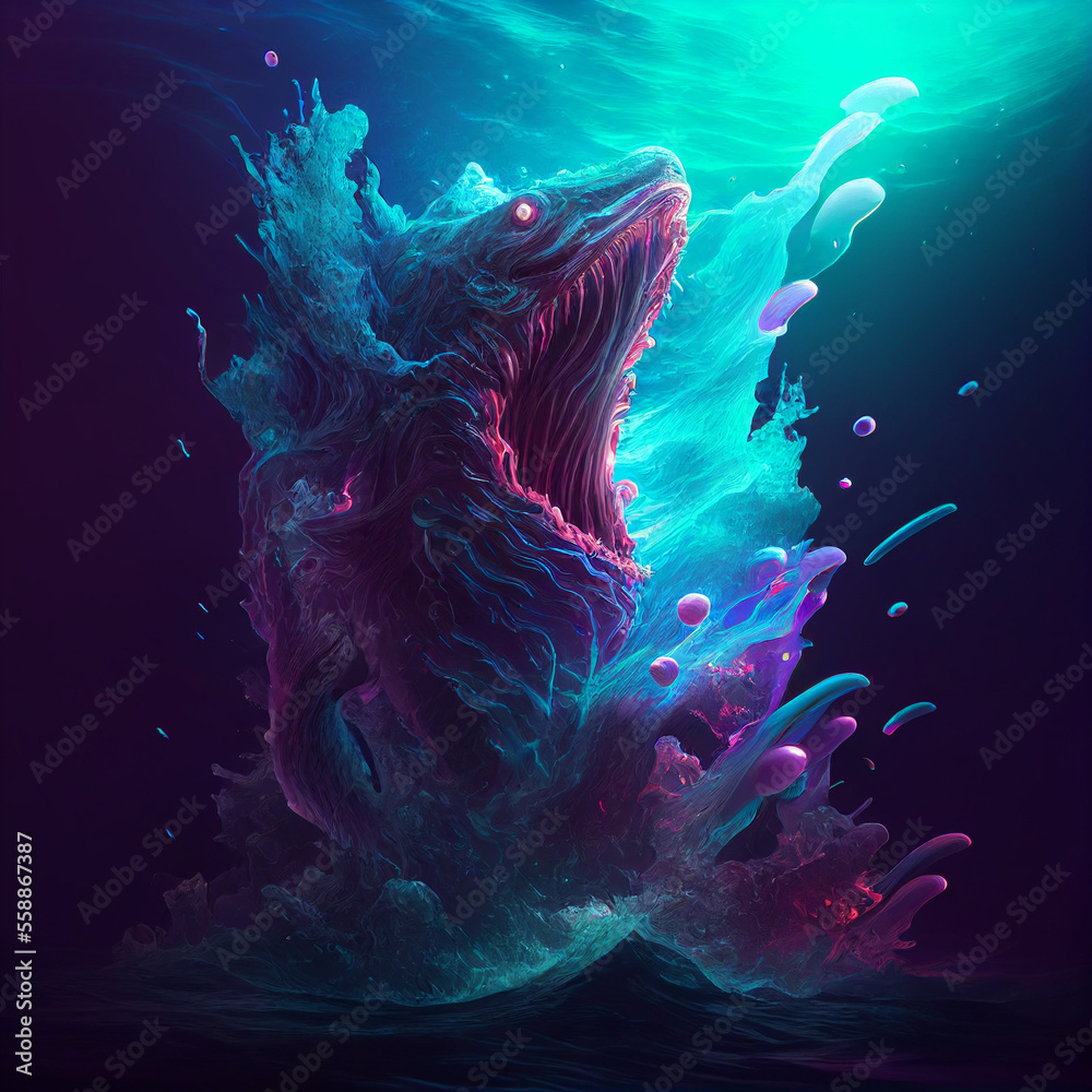 Abstract water monster breaking the surface of the water, scary with ...