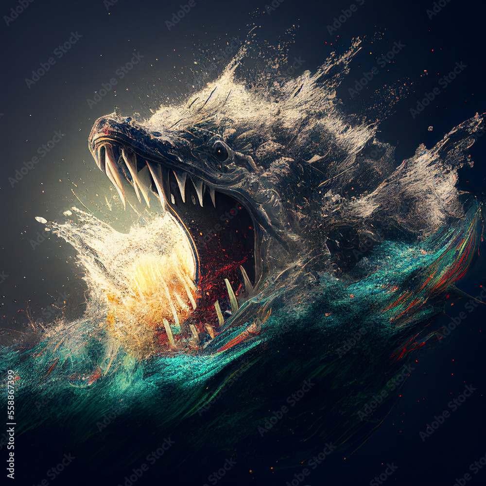 Abstract water monster breaking the surface of the water, scary with ...