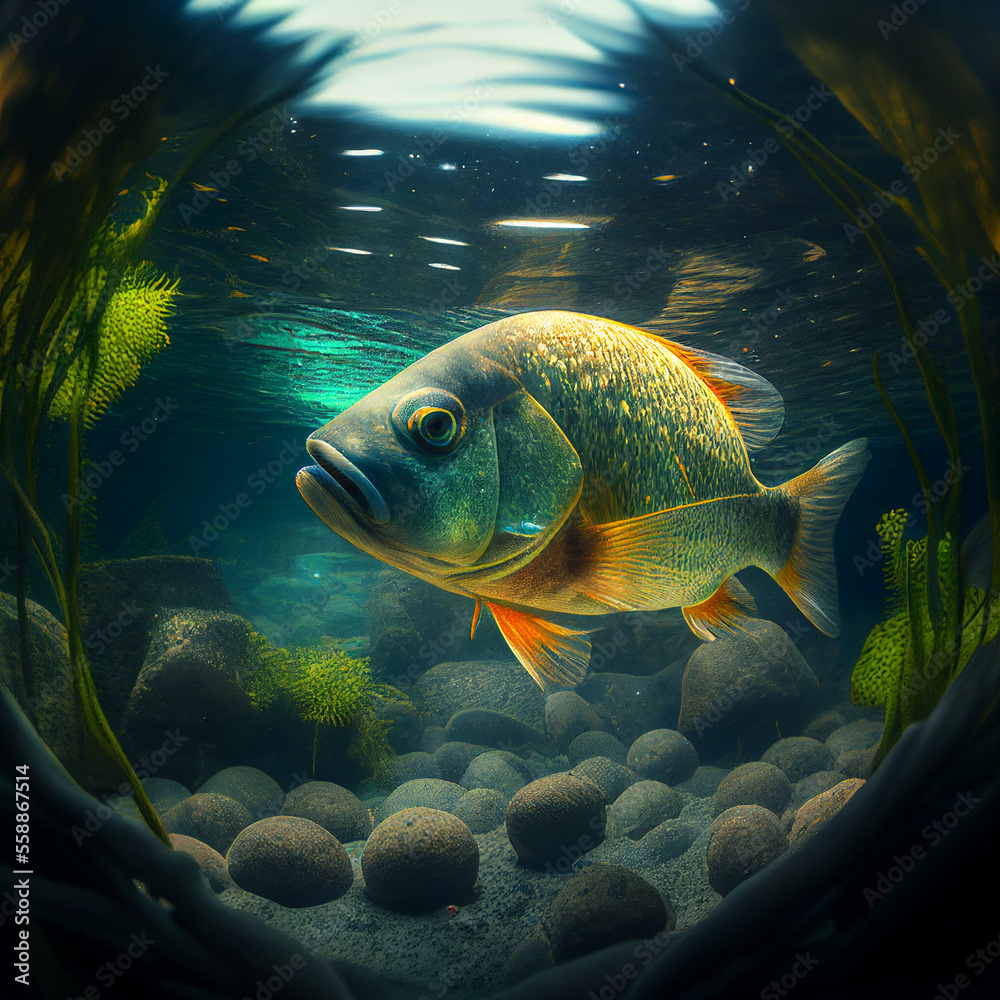 A hyper realistic render of a fish underwater with a fisheye effect (AI ...