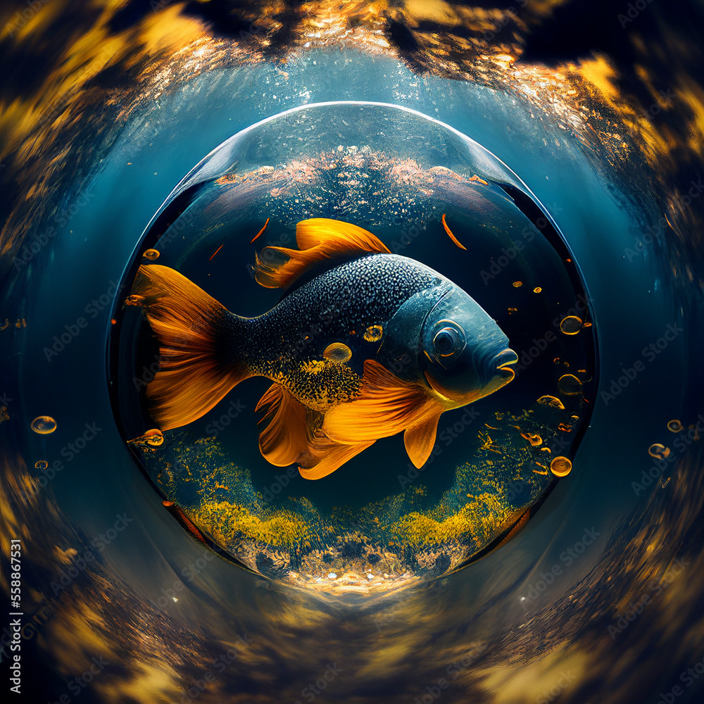 A hyper realistic render of a fish underwater with a fisheye effect (AI ...
