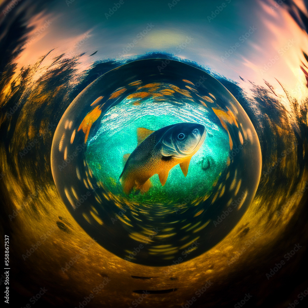 ภาพประกอบสต็อก A hyper realistic render of a fish underwater with a ...