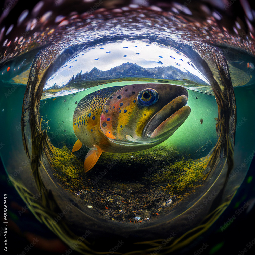 A hyper realistic render of a trout underwater with a fisheye effect ...