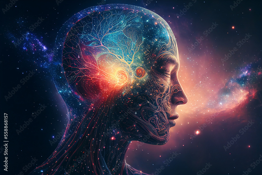 Human head with glowing neurons in brain. Esoteric and meditation ...