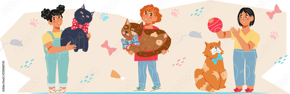 Happy children playing with pets at decorative background. Banner ...