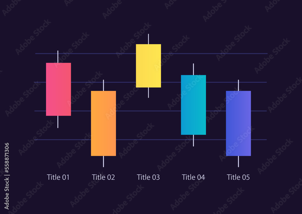 Candlestick infographic chart design template for dark theme. Five ...