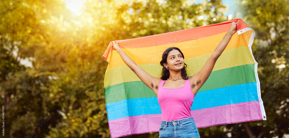 Love, nature and woman with pride flag, smile happy non binary ...