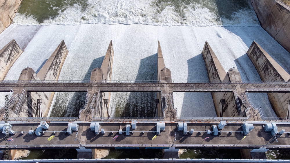 An aerial view over the Pasak Jolasid dam, Lopburi Province, Thailand ...