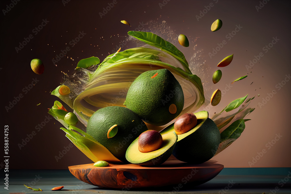 Ripe avocado in a tornado with leaves and juice splashes | Generative ...