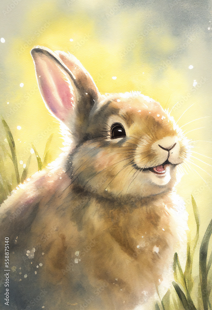 Cute baby smiling bunny rabbit cartoon with a pastel watercolour effect ...