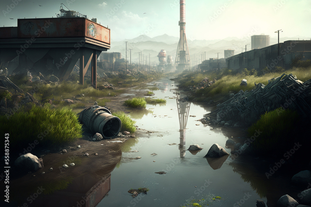 River poisoning pollution concept caused by dirty toxic technology ...