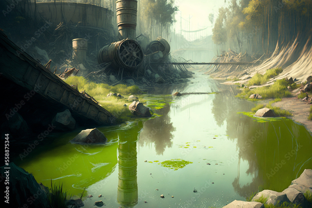 River poisoning pollution concept caused by dirty toxic technology ...