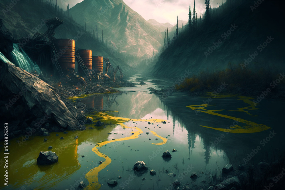 River poisoning pollution concept caused by dirty toxic technology ...