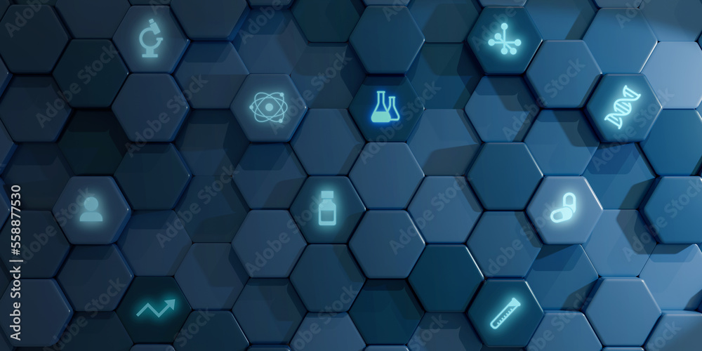 Abstract dark blue geometric background with glowing scientific icons ...