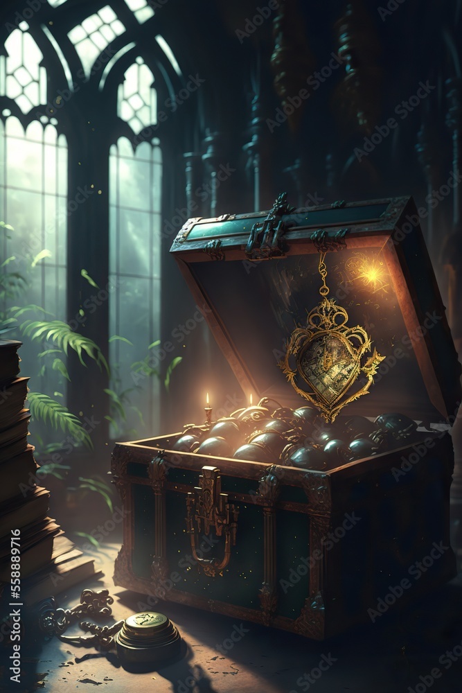 Big treasure chest in the gothic castle, near window. Fantasy interior ...