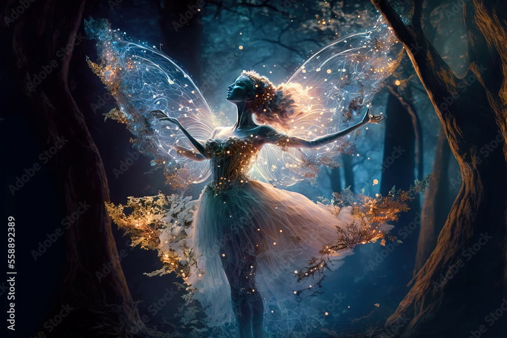 Dancing fairy in an enchanted magical forest. Digital artwork Stock ...