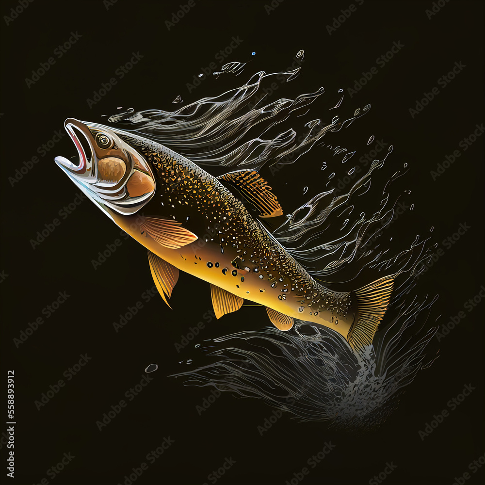 Realistic abstract rendered illustration of a trout jumping out of the ...