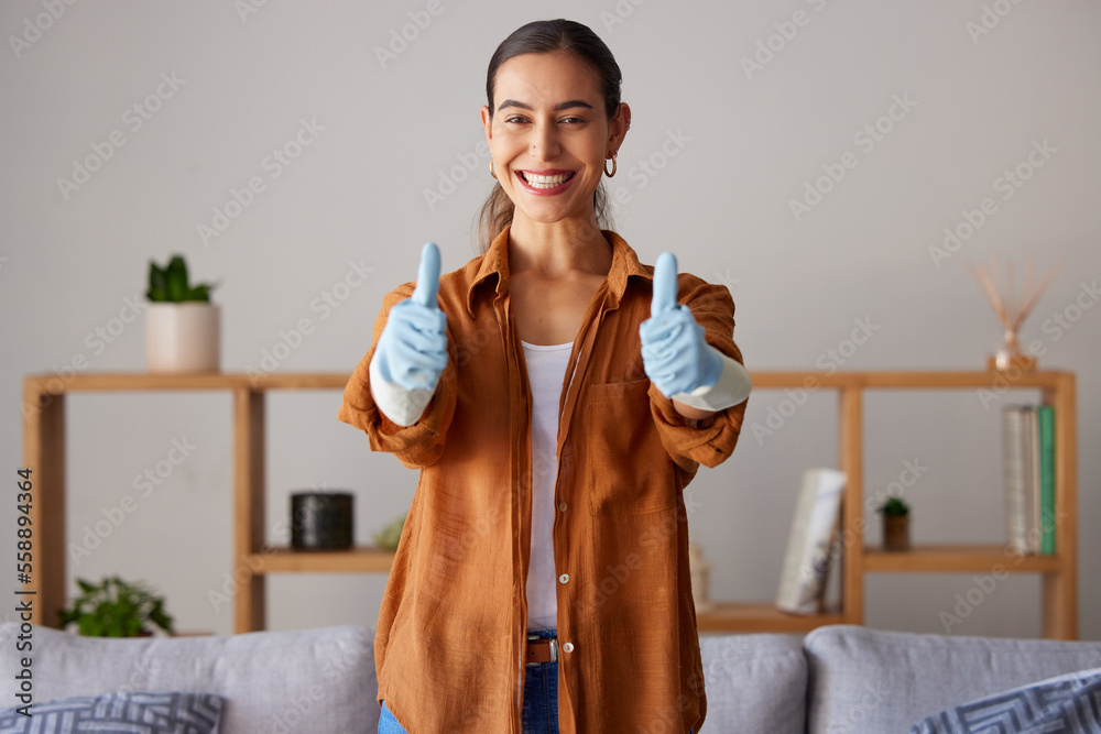 Stockfoto Happy woman, thumbs up and cleaning service with a smile in a ...