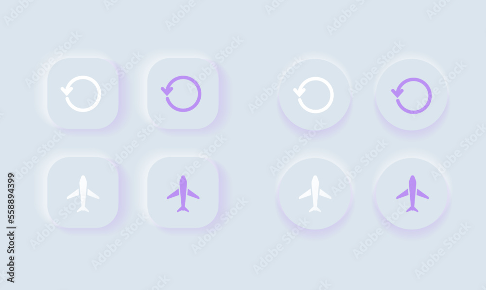 Neumorphic Button, restart and airplan button vector set. Continuous 3D ...