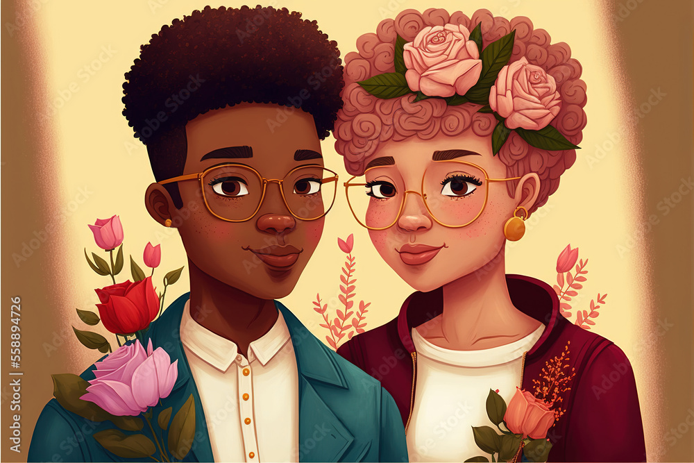 Fictional cartoon couple, diversity and inclusivity, flowers ...
