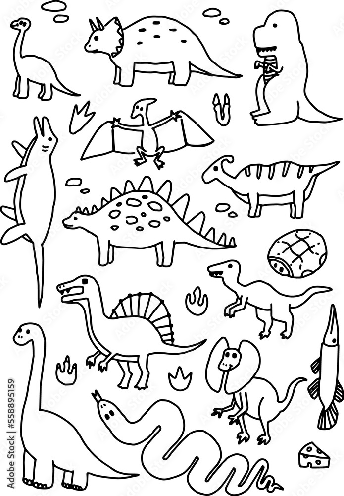 Colorless, black and white dinosaur illustrations for children Stock ...