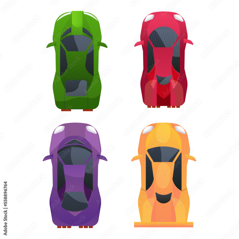 Set race car top view in cartoon style transport with shadows and light ...