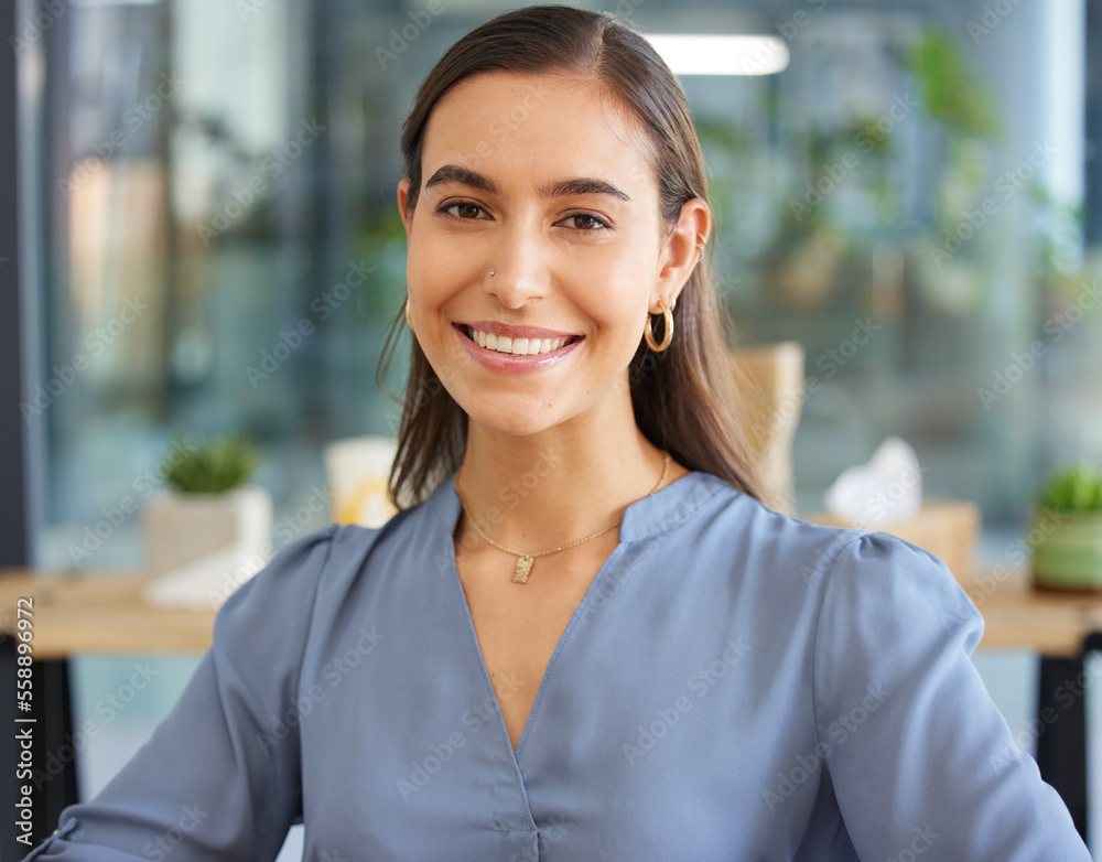 Happy, portrait or business woman in office building with career goals ...