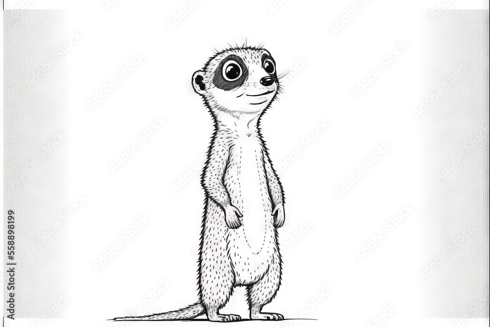a drawing of a meerkat standing upright with its eyes wide open and a ...