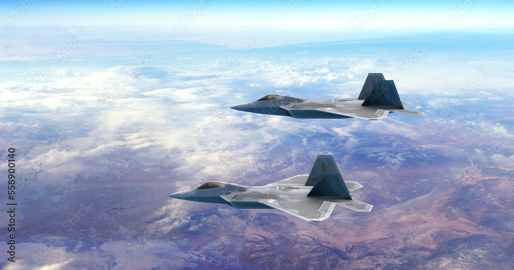 Fighter Jets Flying Together High Above The Clouds. Ready For Air ...