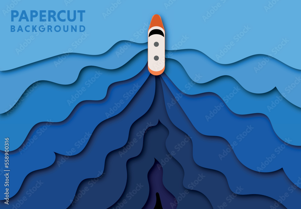 Top view river and yacht in paper cut style. 3d seaside background with ...