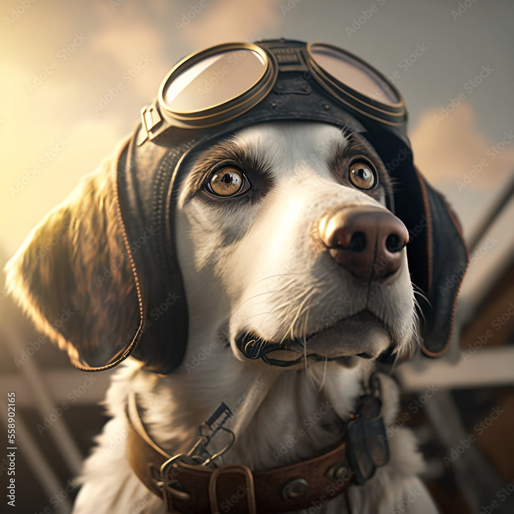 Realistic render of a cute dog as a world war one (ww1) biplane pilot ...