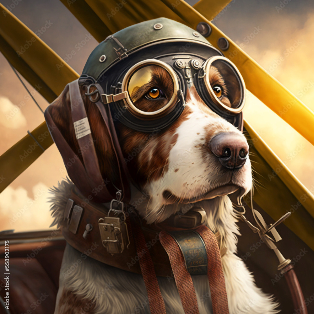 Realistic render of a cute dog as a world war one (ww1) biplane pilot ...
