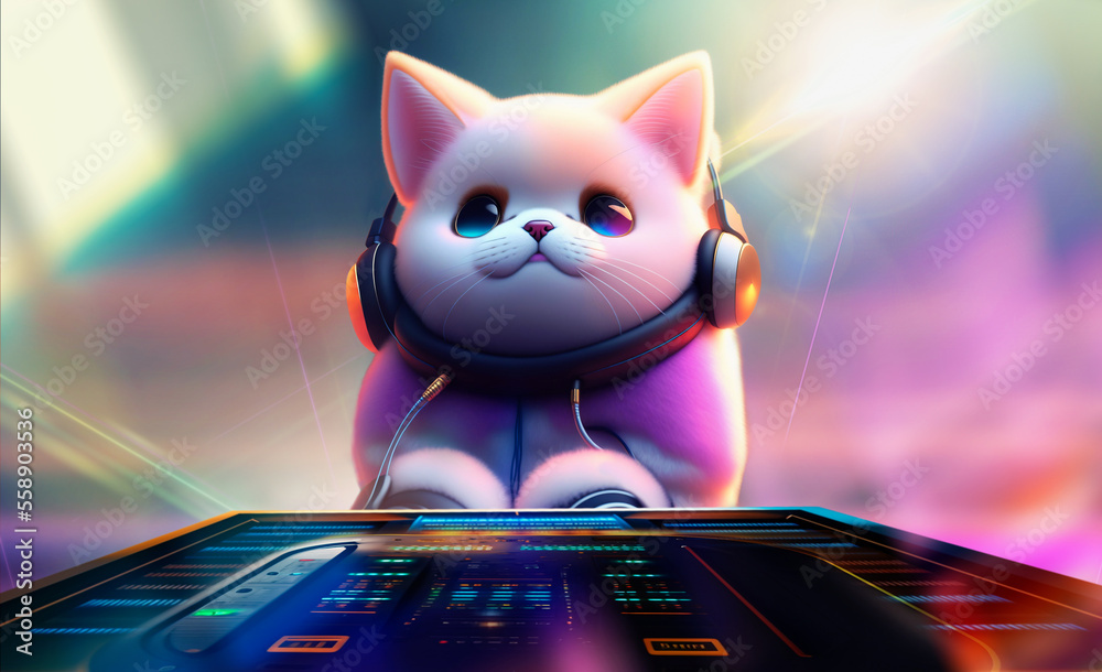 Kitten fluffy with Adorable face playing music audio mixers digital in ...