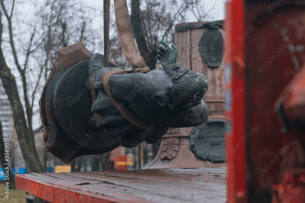 Dismantling of the monument to Russian scientist Mikhail Lomonosov in ...