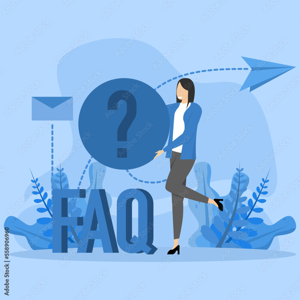 Frequently Asked Questions concept, woman with long hair saying in ...