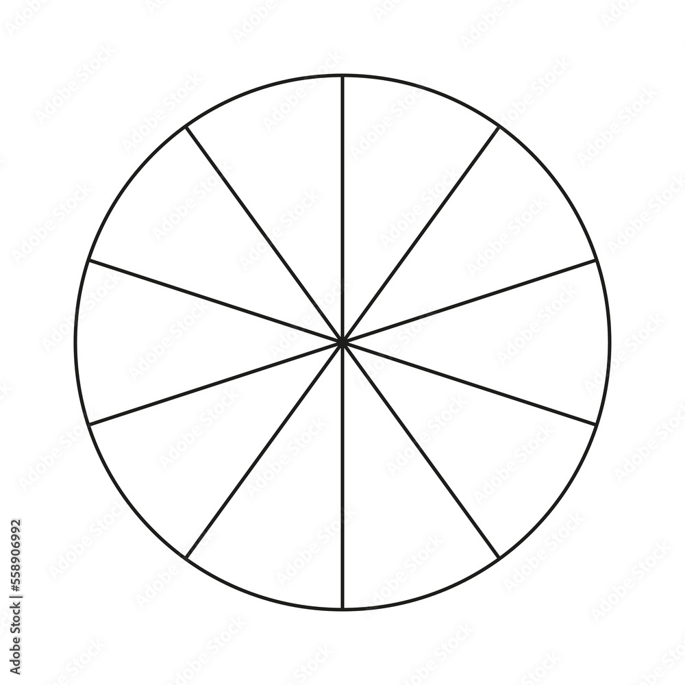 Circle divided in 10 segments. Pizza or pie round shape cut in equal slices. Outline style ...