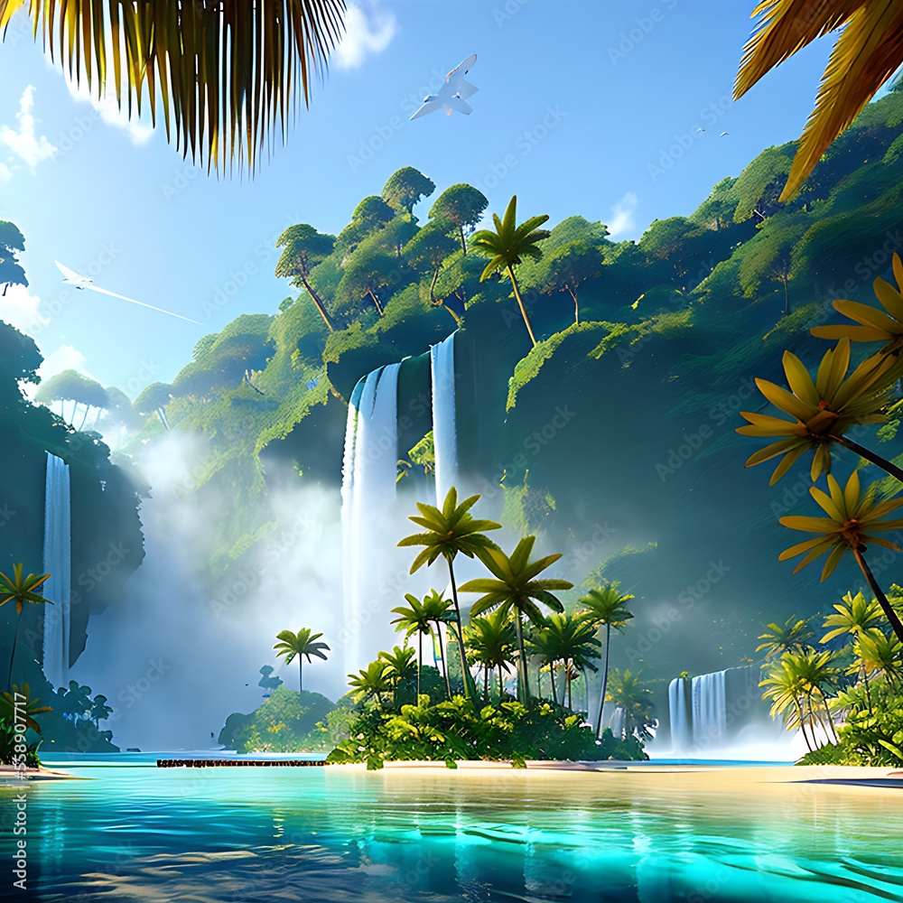 Paisaje tropical selvático con grandes cascadas y playas con agua azul ...