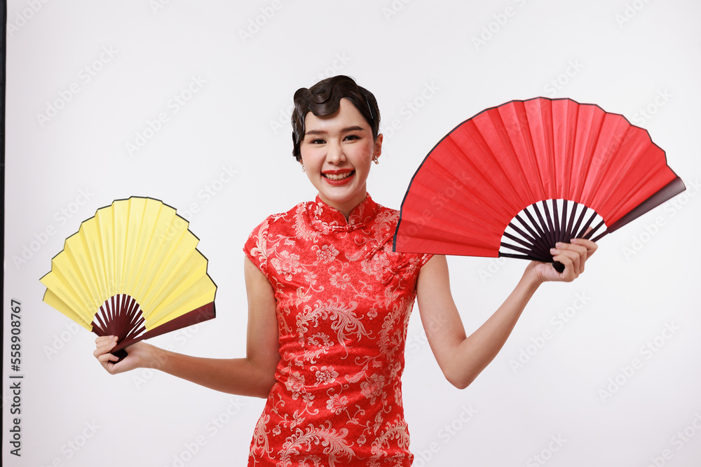 Smiling young beautiful asian woman in traditional chinese dress ...