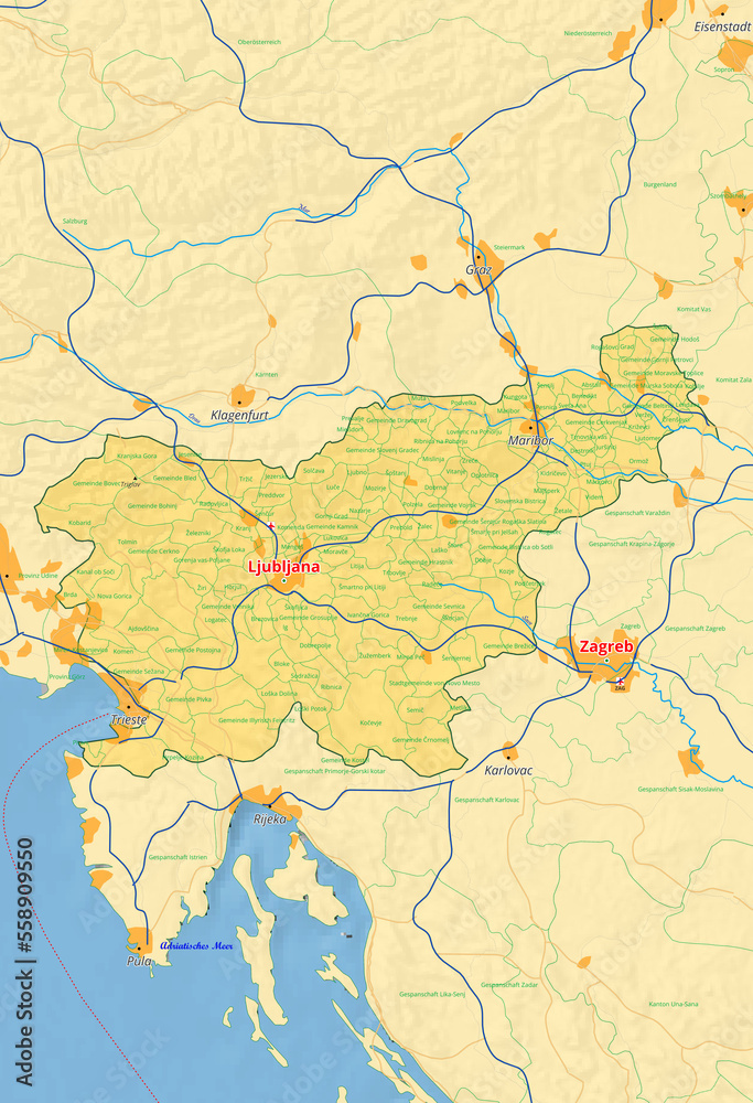 Slowenien Karte mit Städten Straßen Flüssen Seen Stock Illustration ...