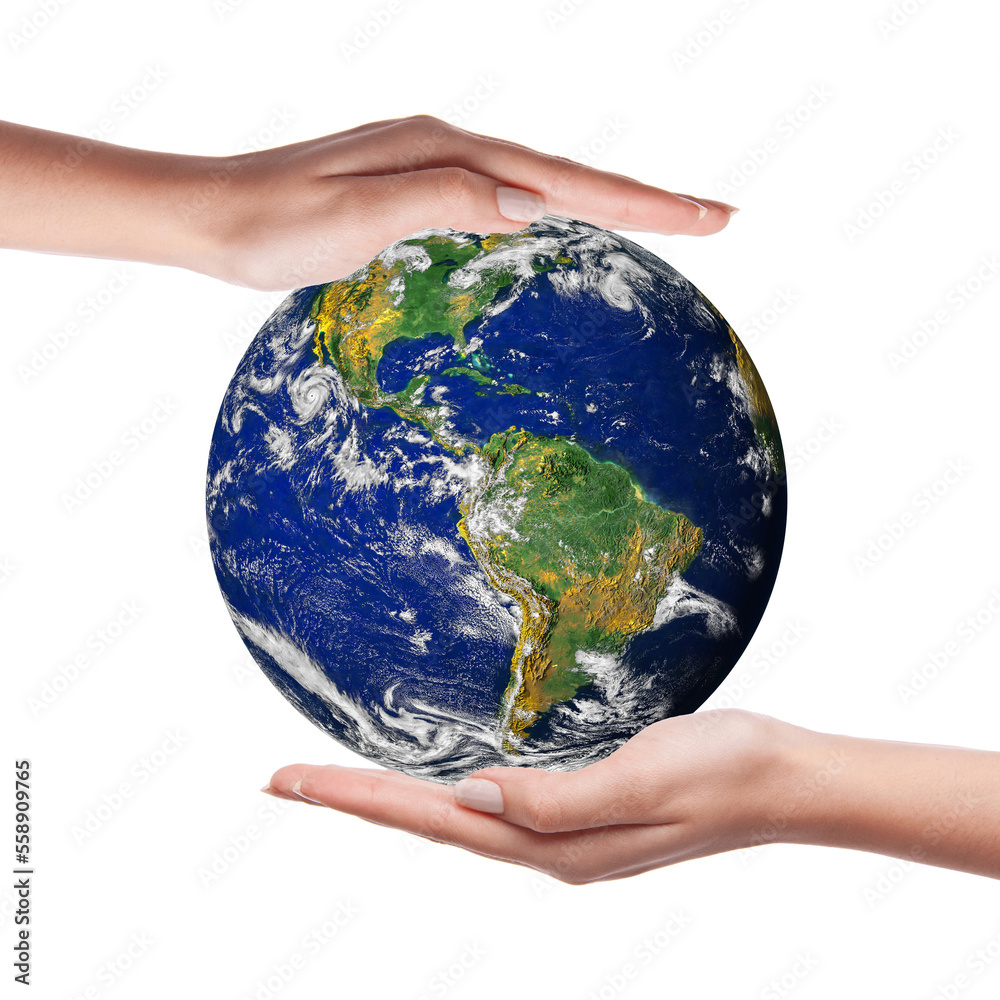 Earth in hands. Two hands holding the world isolated on white ...