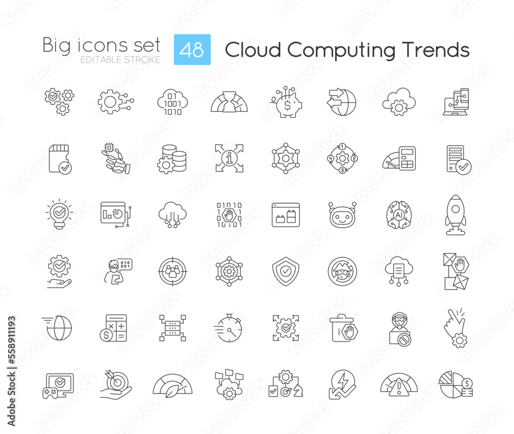 Cloud computing trends linear icons set. Innovating technologies ...