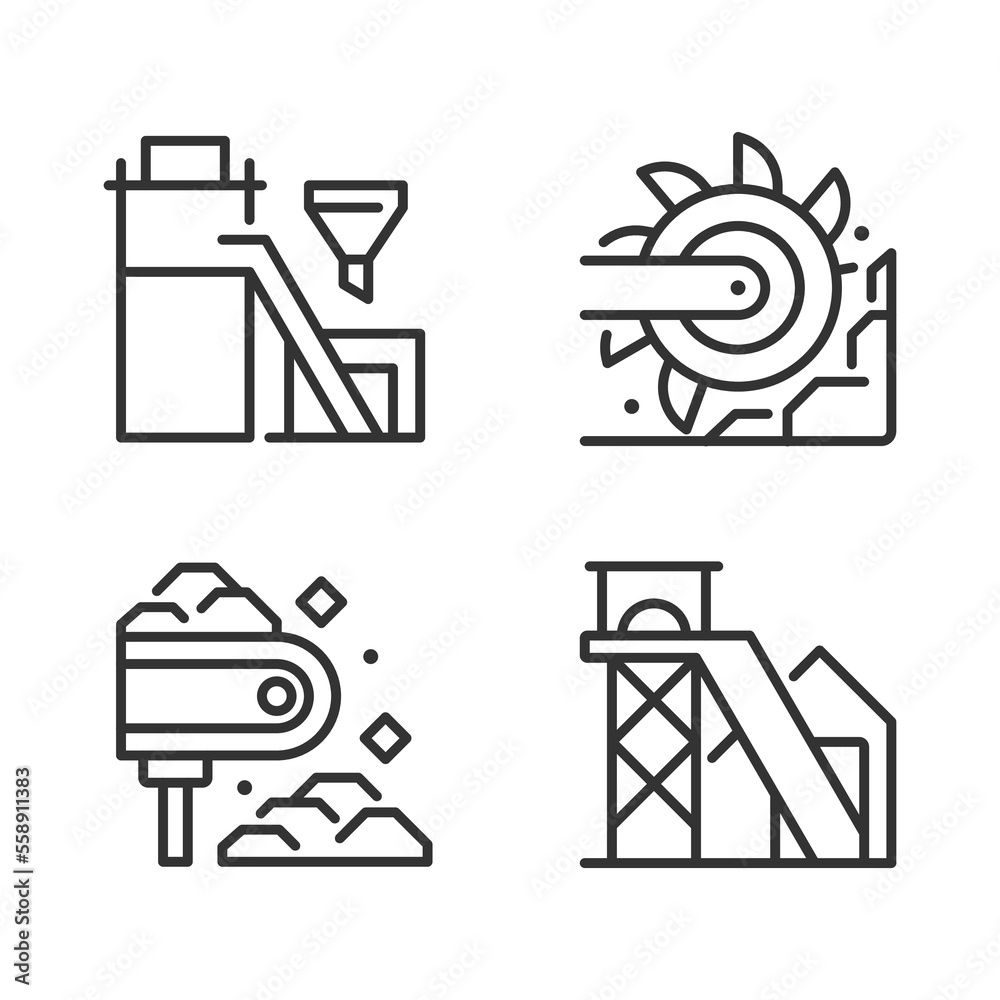 Coal mining process pixel perfect linear icons set. Heavy industry ...