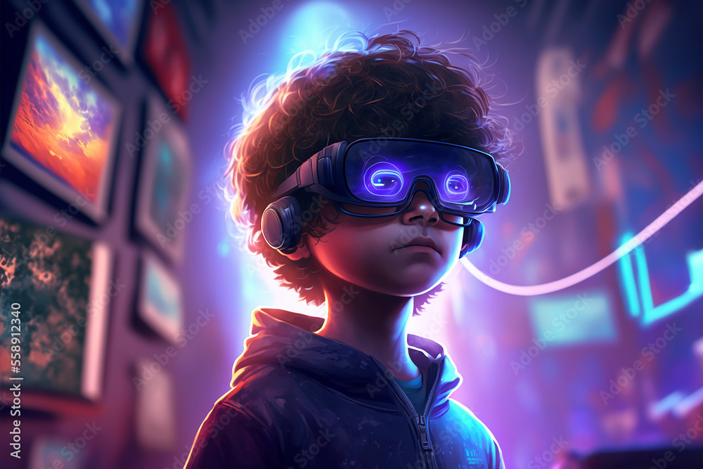 Young boy with the virtual reality glasses is in the metaverse ...