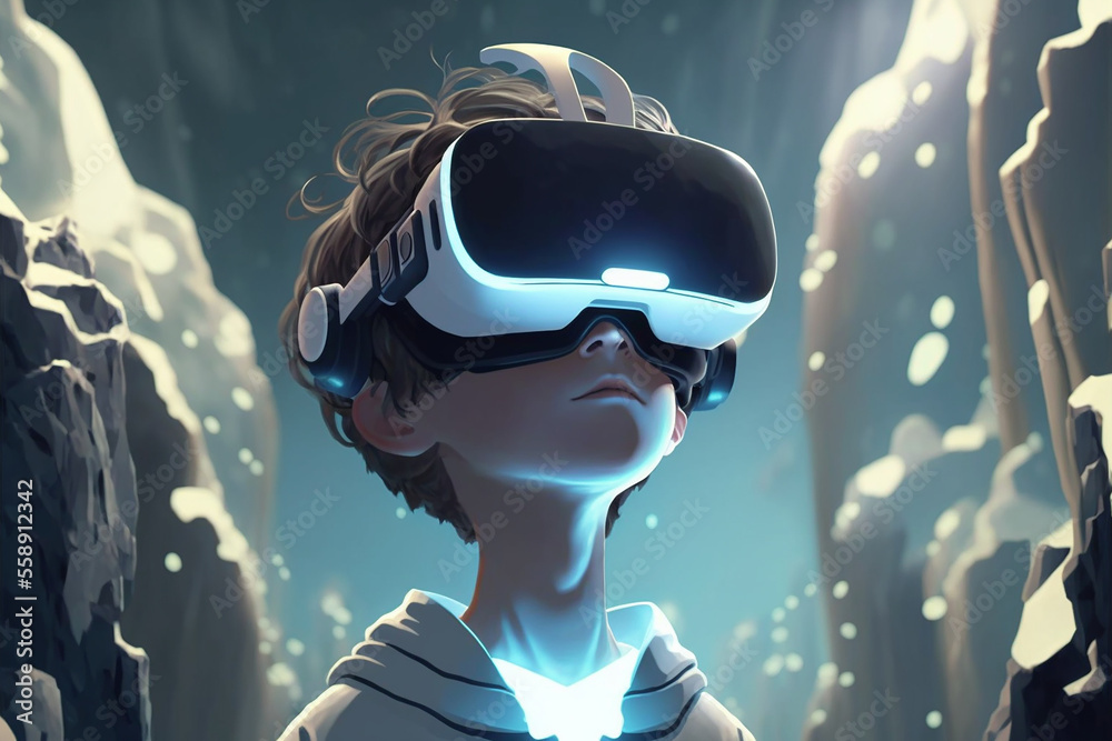 Young boy with the virtual reality glasses is in the metaverse ...