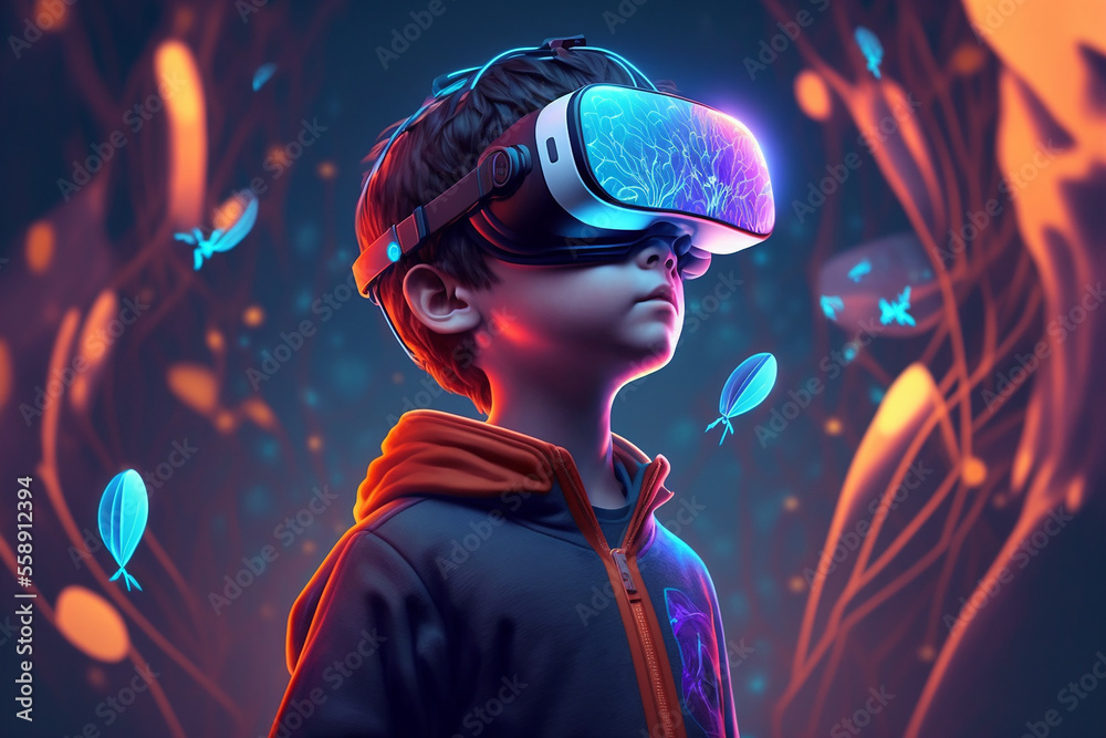 Young boy with the virtual reality glasses is in the metaverse ...