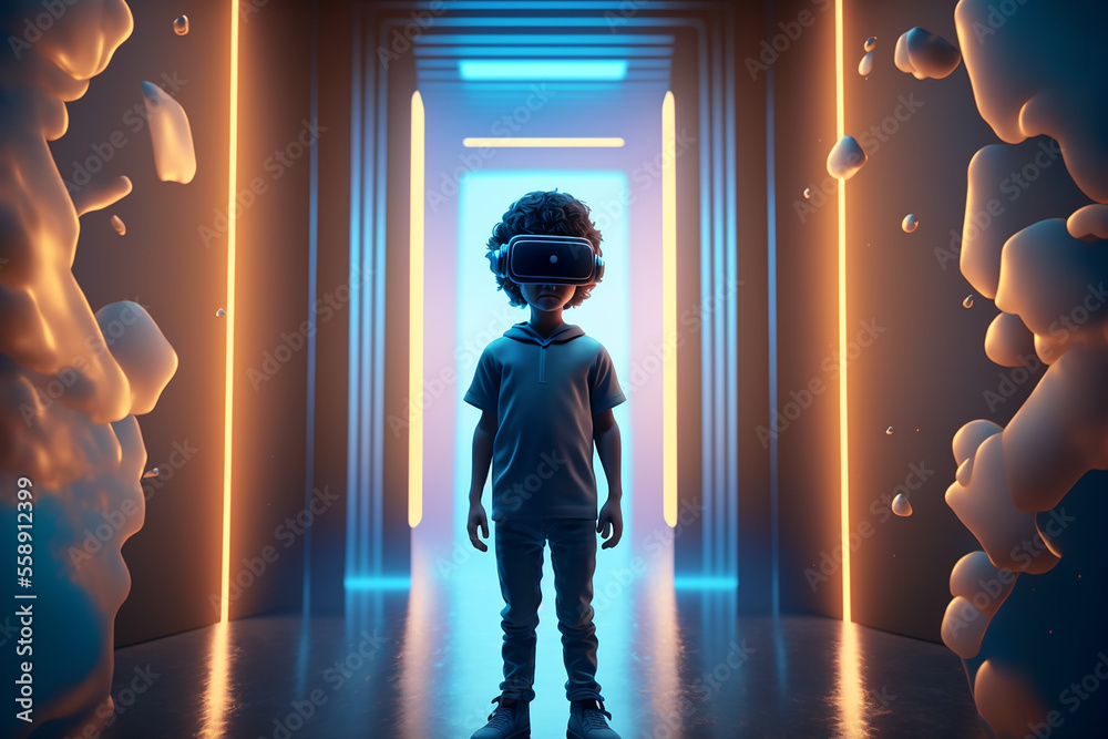 Young boy with the virtual reality glasses is in the metaverse ...