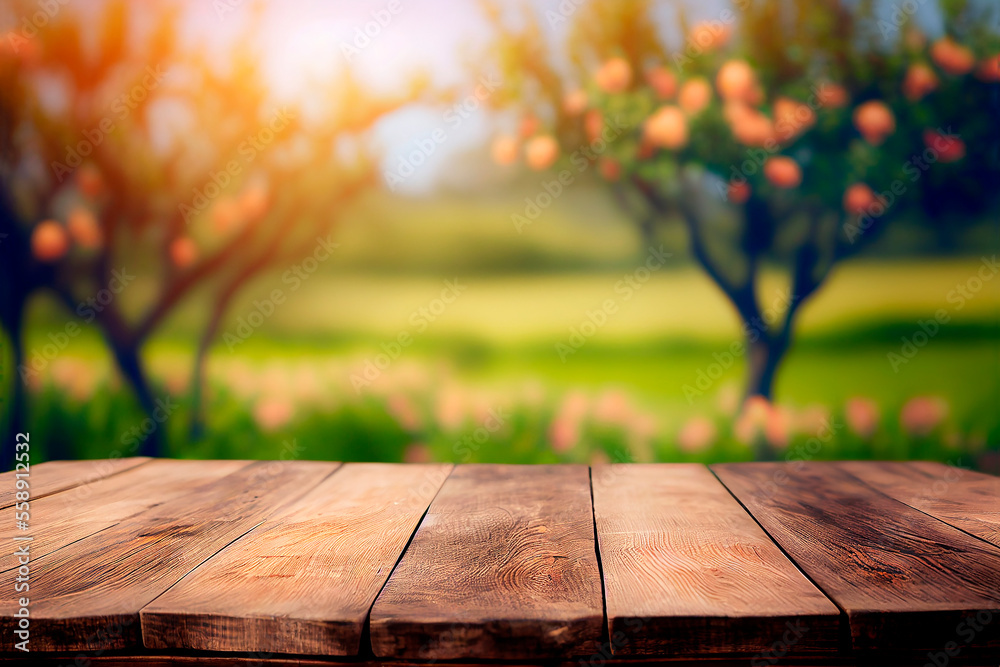Wooden table and summer peach trees for product and merchandise display ...