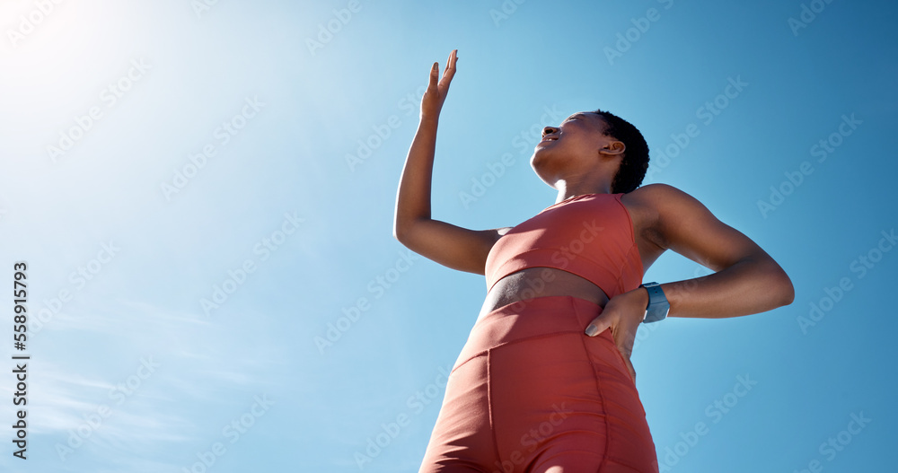 Fitness, blue sky and mockup with a sports black woman blocking the sun ...