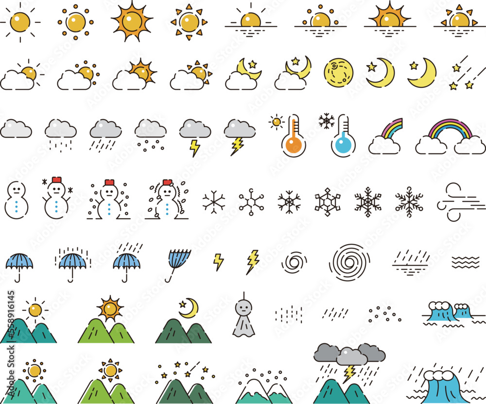 Weather icon. An illustration representing the sun. Vector icons indicating sunny, cloudy, snowy ...